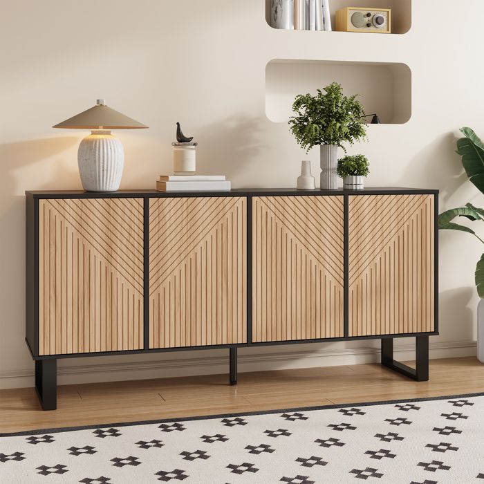 Buffet moderne, design contrasté avec motif bois noir, façade à rayures ...