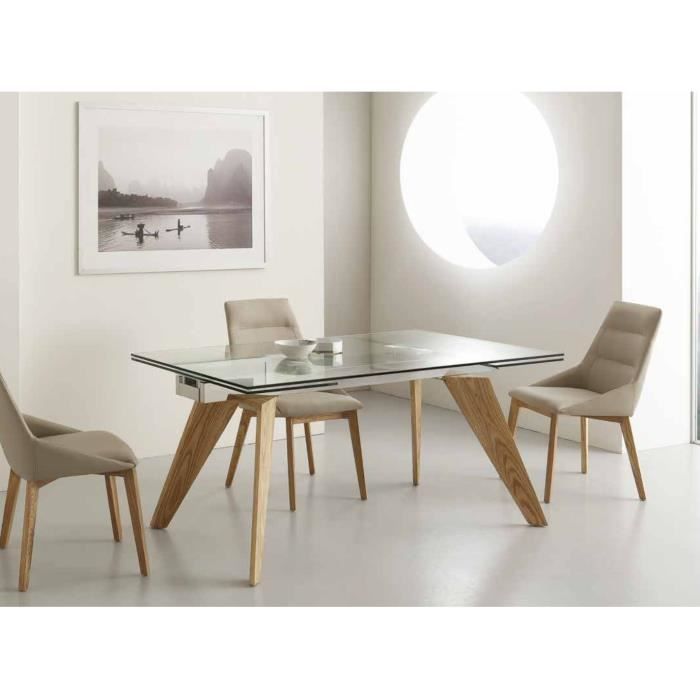 Table de repas extensible 160/240 cm plateau en verre et piétement bois ...