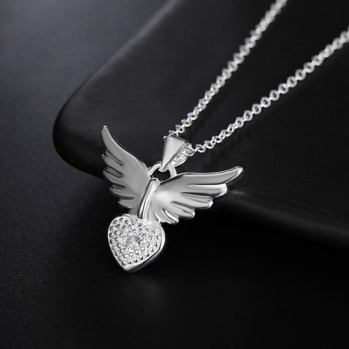 Collier en argent 925 avec ailes d'ange et breloque en forme de cœur ...