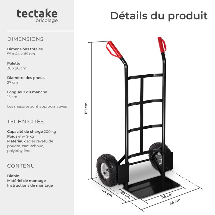 Diable - TECTAKE - Chariot rigide avec cadre en acier et poignées en ...