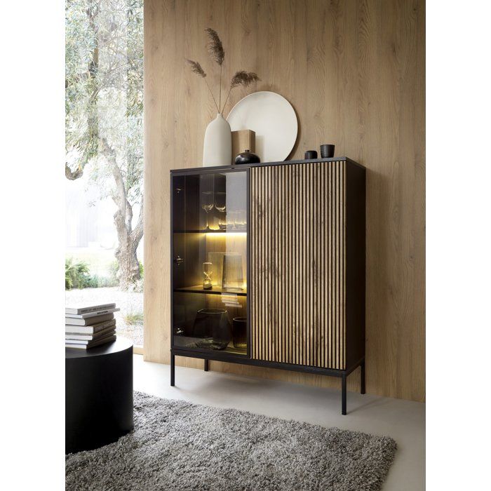 Vitrine - TOSENA - 2 portes avec éclairage LED - Noir/Chêne Wotan ...