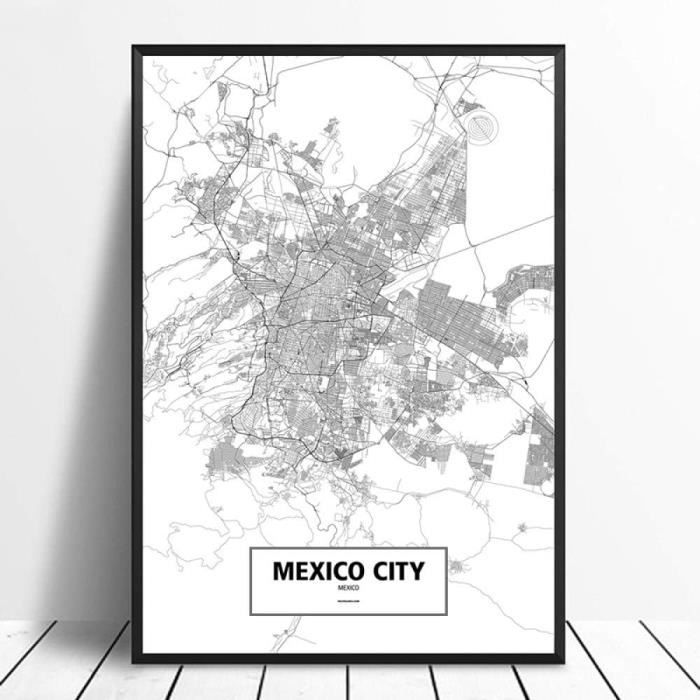 Tableau Déco Toile,Mexico City Map Print Modern Minimaliste Black And ...