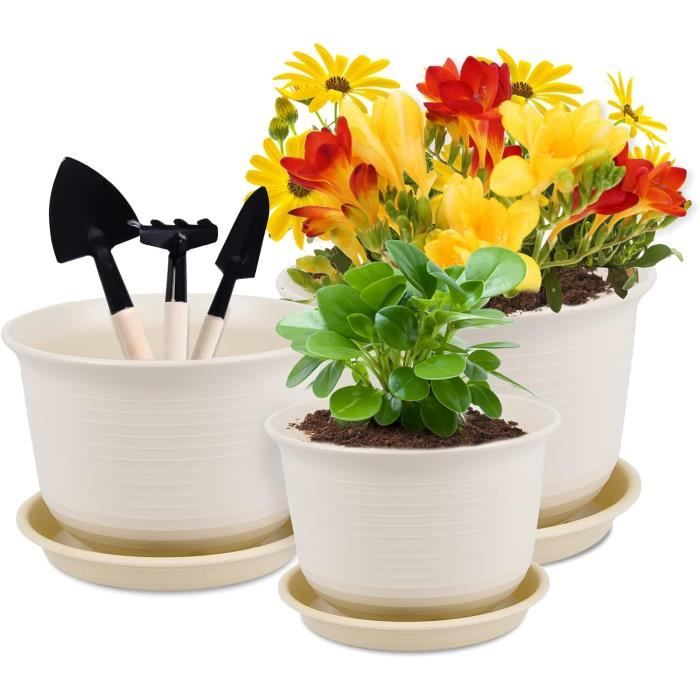 Lot De 3 Pots De Fleurs Ronds, Bac À Fleurs Avec Palettes & Trou De ...