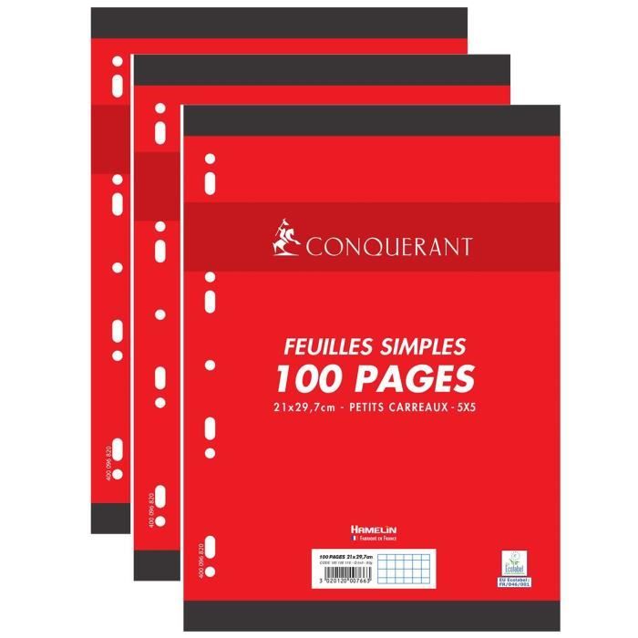 Papier - CONQUERANT - Lot de 3 Paquets A4 - 100 Pages - 80g - Petits ...