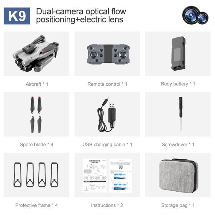 1008P-Gray-1B Drone K9Pro RC 4K HD ESC, caméra professionnelle, évitement d'obstacles, flux ...