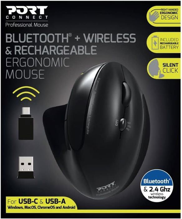 Port Connect Souris Ergonomique Bluetooth & Sans Fil Wireless 2.4 Ghz & Rechargeable Silencieuse ...