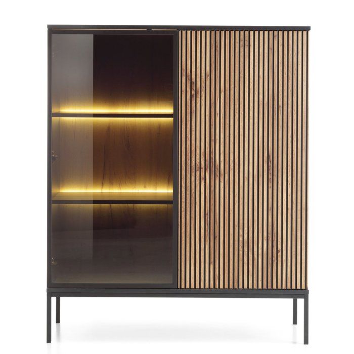 Vitrine - TOSENA - 2 portes avec éclairage LED - Noir/Chêne Wotan ...