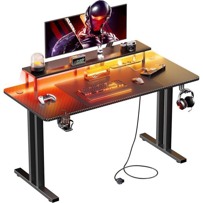 HLONONE LED Bureau Gaming 120 x 60 cm, avec Multiprise, avec Support d ...