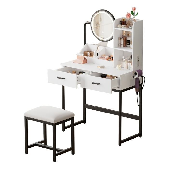 Coiffeuse moderne，avec éclairage LED,miroir rotatif et prise de ...