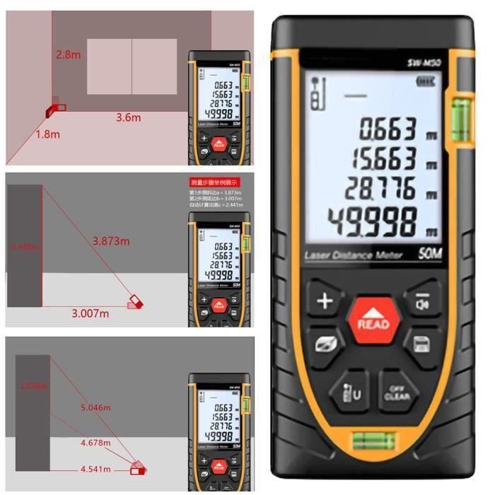 50m Télémètre laser - Outil de mesure avec double niveau à bulle ...