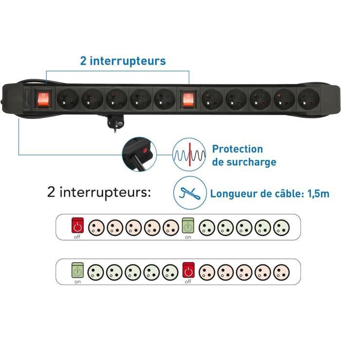 35438 Bloc Multiprises 10 Prises + 2 Interrupteurs, Enrouleur de câble, Protection Contre Le ...