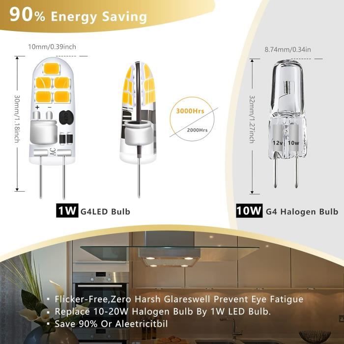 G4 LED 1W Ampoule, 150LM, AC-DC 12V Ampoules d'éclairage Équivalent à ...