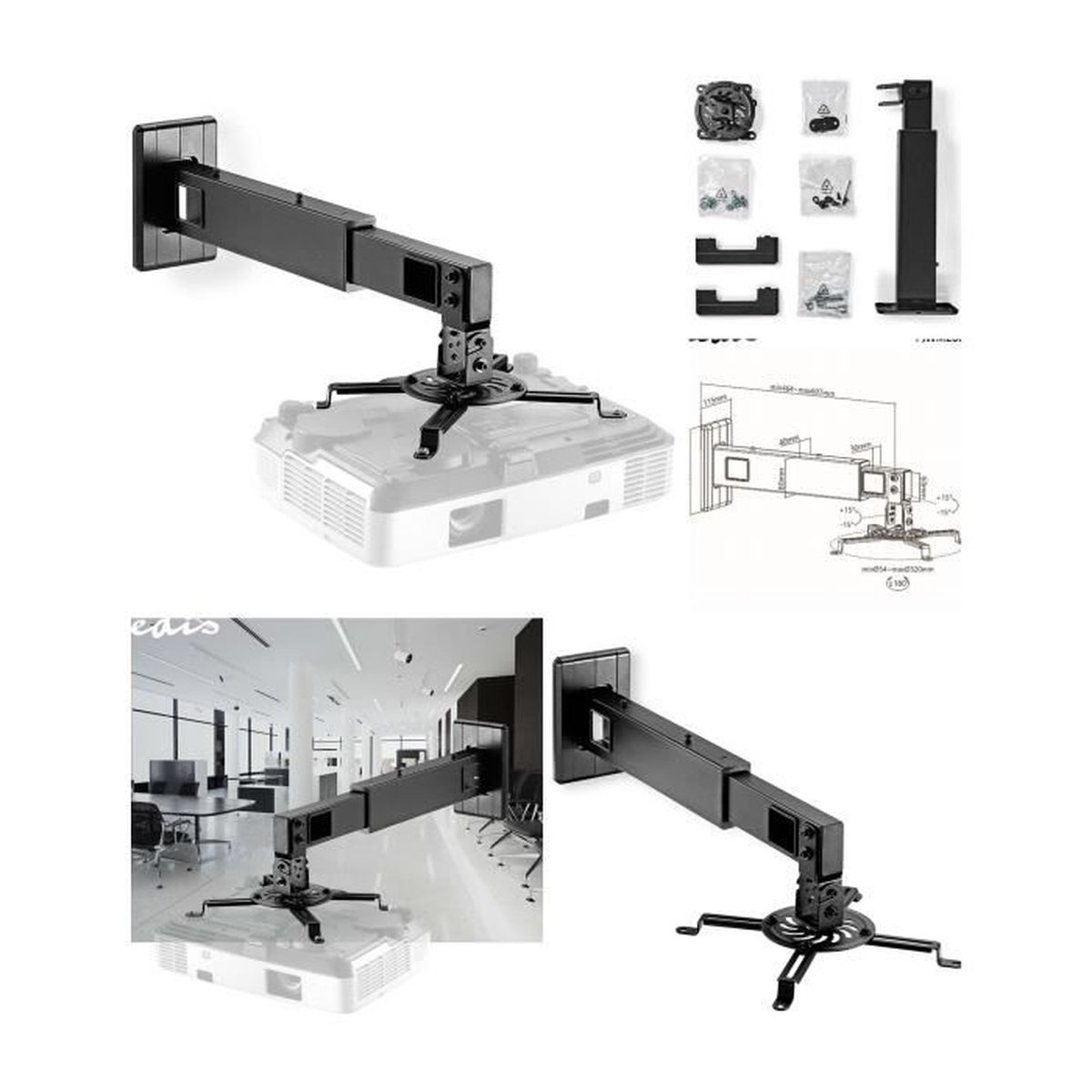 Support de Plafond pour Vidéo Projecteur Mouvement intégral 15 kg Rotatif Inclinable Acier Noir ...