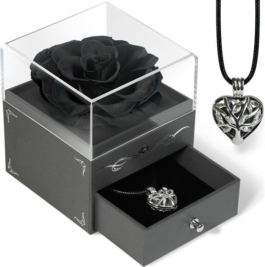 Rose éternelle stabilisée noire - Un coffret cadeau avec collier et ...