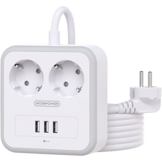 Multiprise USB 3 Ports Bloc 2 Prises, Rallonge Electrique Multiprises ...