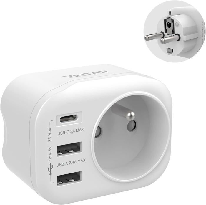 Prise USB Multiple, 4 en 1 Multiprise Murale avec 2 USB-A et 1 USB-C 3A ...