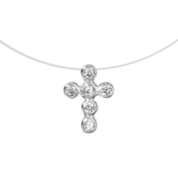 Collier Femme - Argent 925 - Fil Nylon Transparent - Zirconium - Croix ...