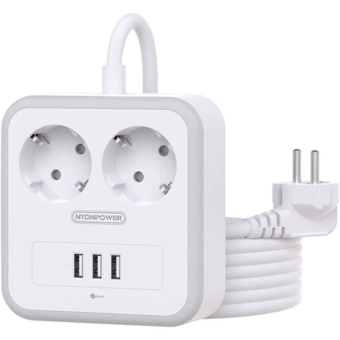 Multiprise USB 3 Ports Bloc 2 Prises, Rallonge Electrique Multiprises ...