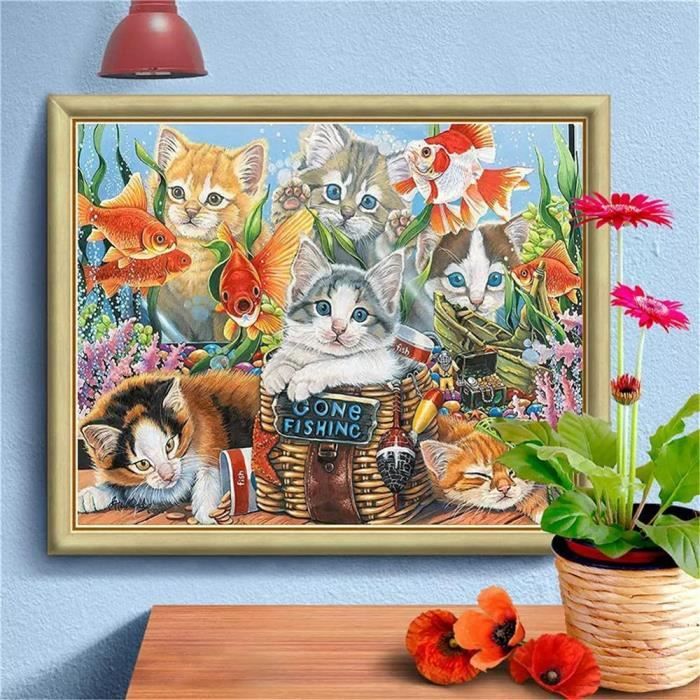 Diamond Painting Animaux Chat Poisson,Diy 5D Broderie Diamant,Peinture ...