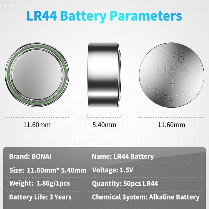 Piles bouton alcalines LR44 1,5 V – Lot de 50, compatibles 357/357A ...