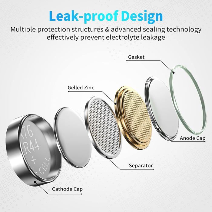 Piles bouton alcalines LR44 1,5 V – Lot de 50, compatibles 357/357A ...