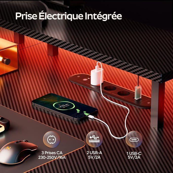 EcoFurnix Bureau de Jeu LED 140 x 60 cm, Bureau Gamer avec Prise ...