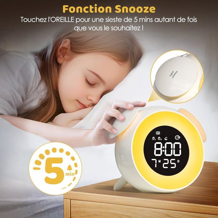 Reveil Enfant avec Veilleuse 15 Couleurs, Snooze, 2 Alarme, Mode ...