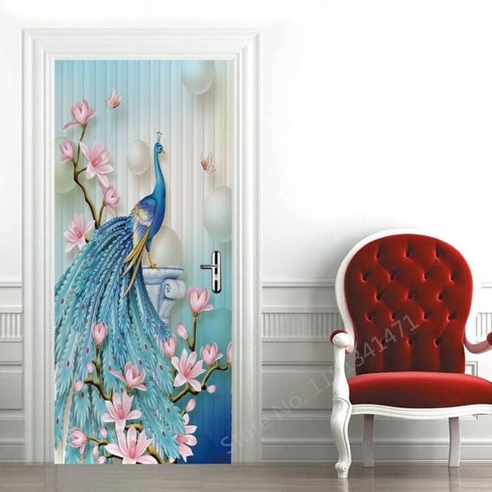 3D Autocollant Porte Sticker Pour De Placard Cuisine Rose Fleur Paon ...