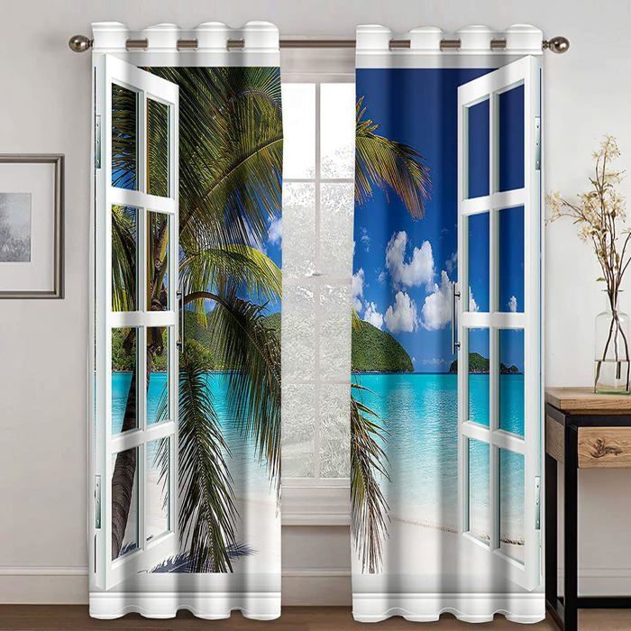 3D Fenêtre De Cocotier De L'Île De Plage Motif Rideaux Occultants ...
