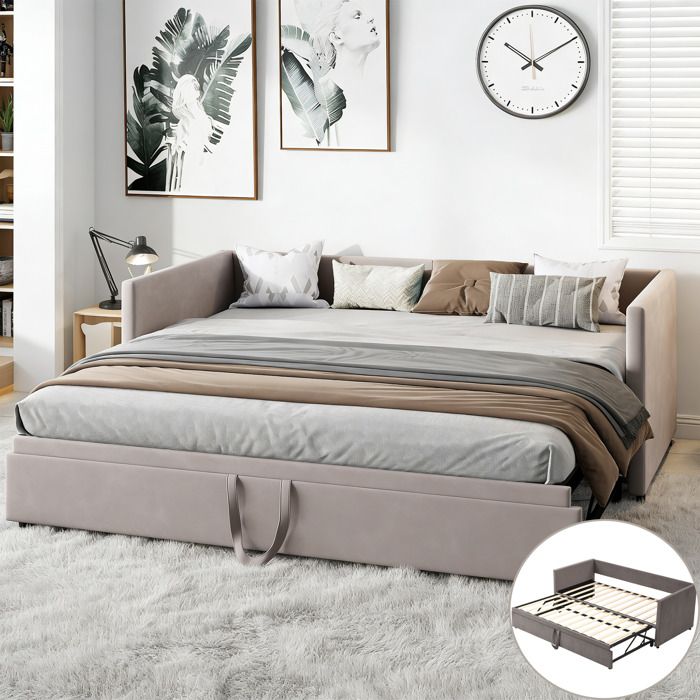 Lit gigogne 90/180x200 cm 2 places, canapé-lit extensible avec sommiers ...