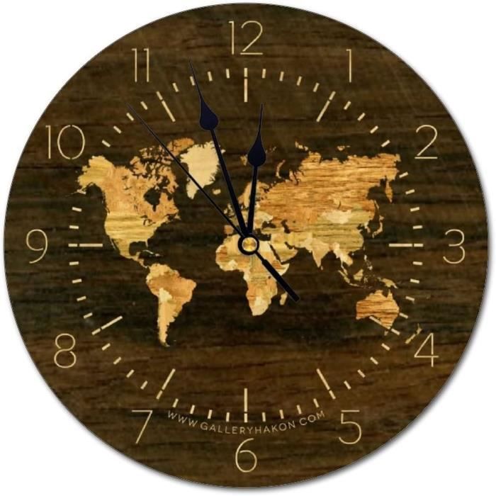Horloge Murale Ronde Moderne En Bois Avec Carte Du Monde Silencieuse ...