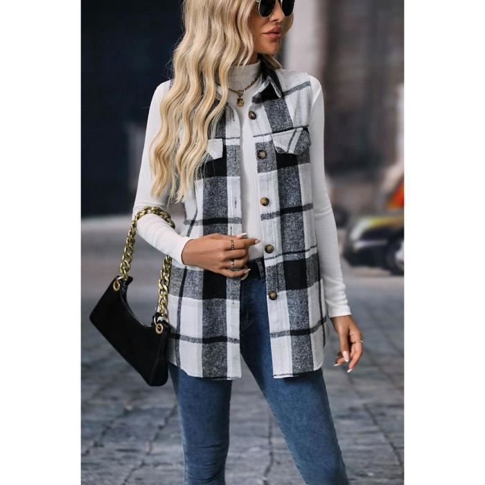Gilet Femme Carreaux Sans Manches Automne Hiver Casual Cardigan Mi-Long ...