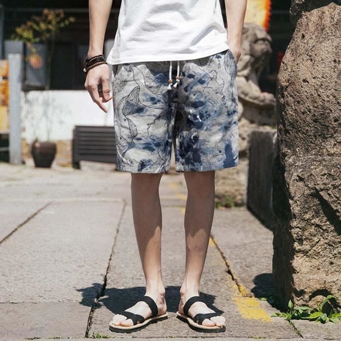 Short en lin japonais pour homme - Streetwear imprimé avec cordon de ...