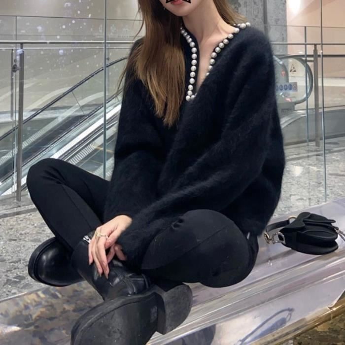 CRAZE Vison cachemire col en V perle pull femmes hiver perlé chandails ...