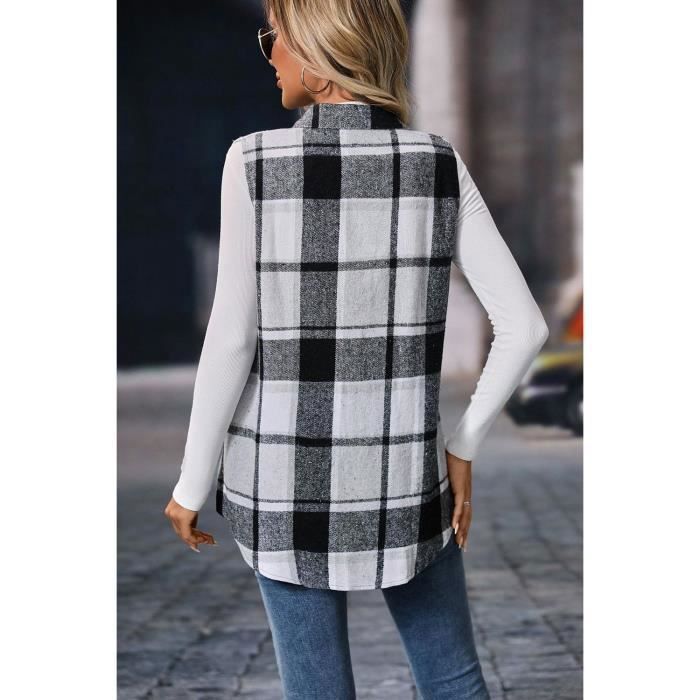 Gilet Femme Carreaux Sans Manches Automne Hiver Casual Cardigan Mi-Long ...