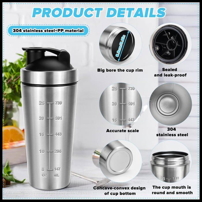 Shaker à protéines en acier inoxydable - 750ml Shaker protéiné avec ...