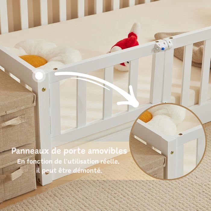 Lit enfant 90x190 cm avec barrière de sécurité et porte – Sommier à ...