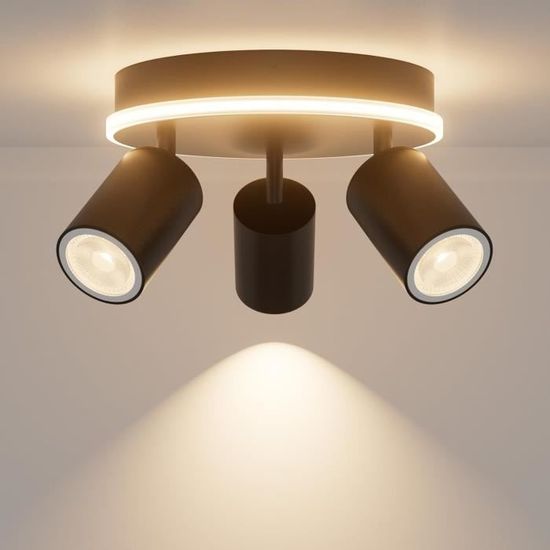 Spot Plafond Gu10 Rond Noir, 3 Douille Gu10 + 6,5W Led, Plafonnier 3 Spots Orientable Rotatif ...