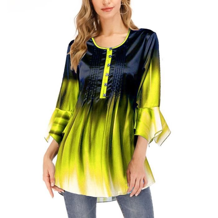 TUNIQUE Femmes Plus La Taille Gradient Imprimé Manches 3-4 Bouton Pull ...