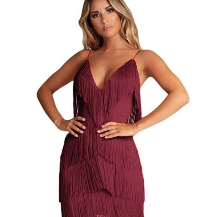 Robe Mini Robe Sexy à Franges Col En V Profond Dos Nu Patchwork Tambour