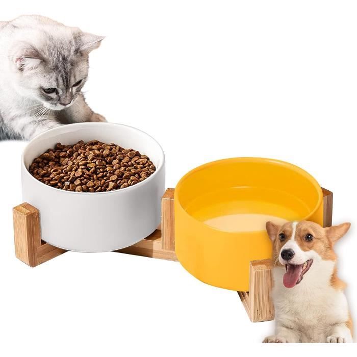 SunnyLisa Gamelle pour chat et chien avec support en bambou, gamelle en céramique, moderne ...