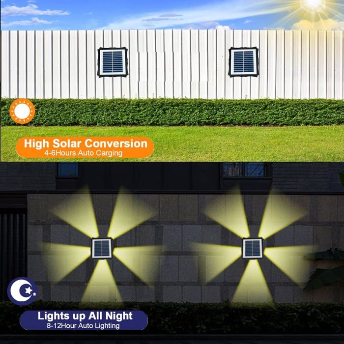 Appliques murales solaires d'extérieur, lampe solaire d'extérieur éclairage quadriface étanche ...