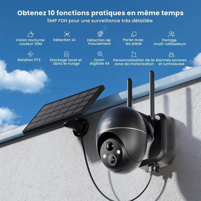 IeGeek 5MP Camera Surveillance Exterieure sans Fil Solaire WiFi ...