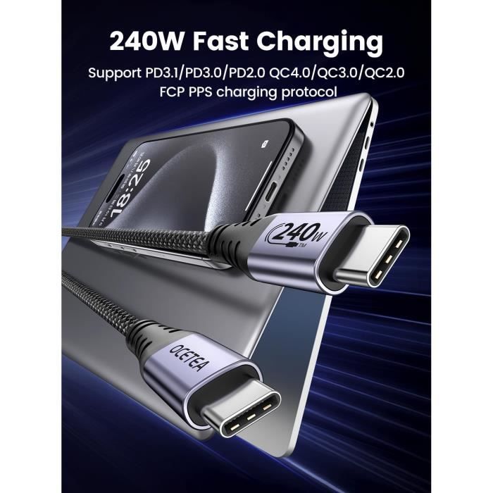 Câble Usb C Vers Usb C 240 W, 5 A Type C - Câble De Charge Rapide Pd ...