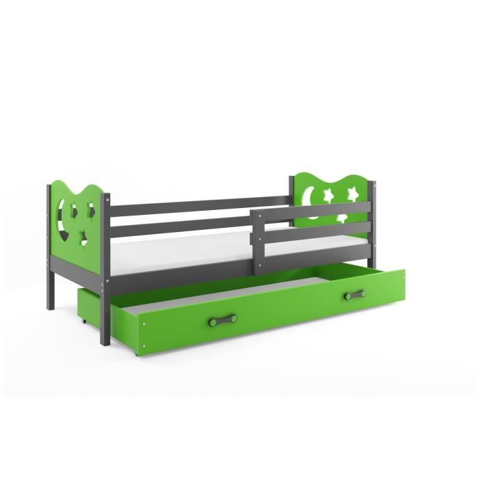 Lit enfant MIKO 190x90 avec matelas sommier et tiroir en GRIS+VERT ...