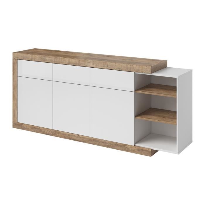 Buffet 200cm coloris chêne et blanc brillant avec nombreux rangements ...