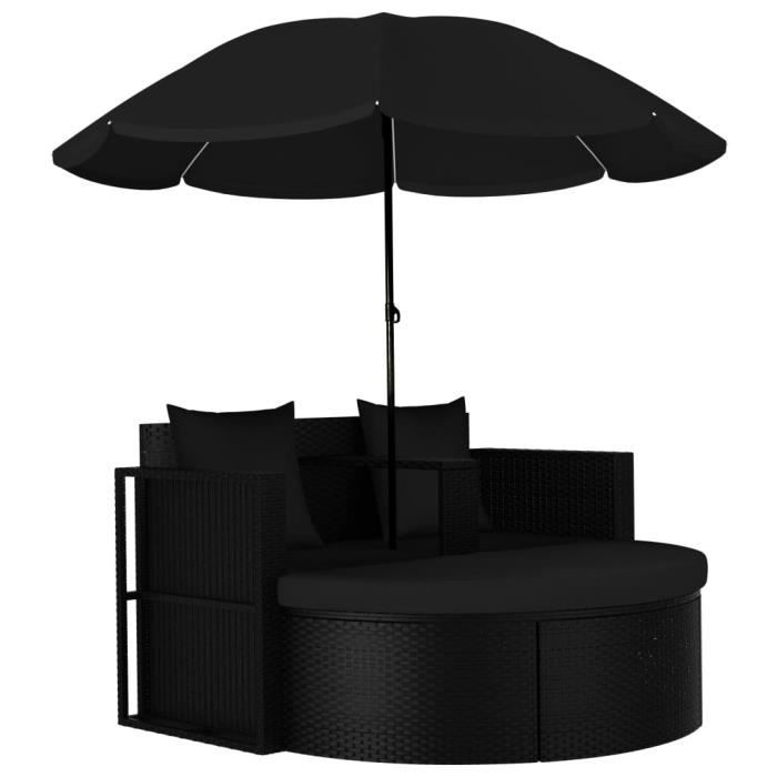 CLORIS-MEUBLE® Lit de jardin avec parasol Résine tressée Noir,POIDS:23. ...