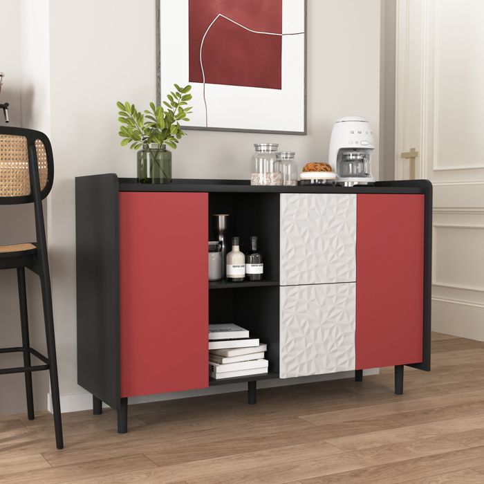 Buffet de rangement noir et rouge avec tiroirs et niches ouvertes ...