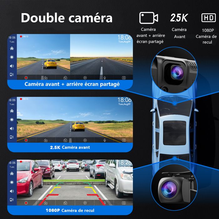 TOGUARD 10" Autoradio Carplay Caméra voiture 2.5K+1080P Double camera ...