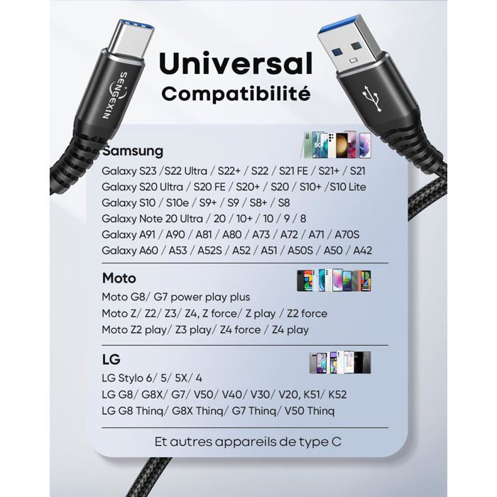 TRAHOO-Câble USB C Longue[3M/Lot de 3],Cable USB Type C Charge Rapide ...